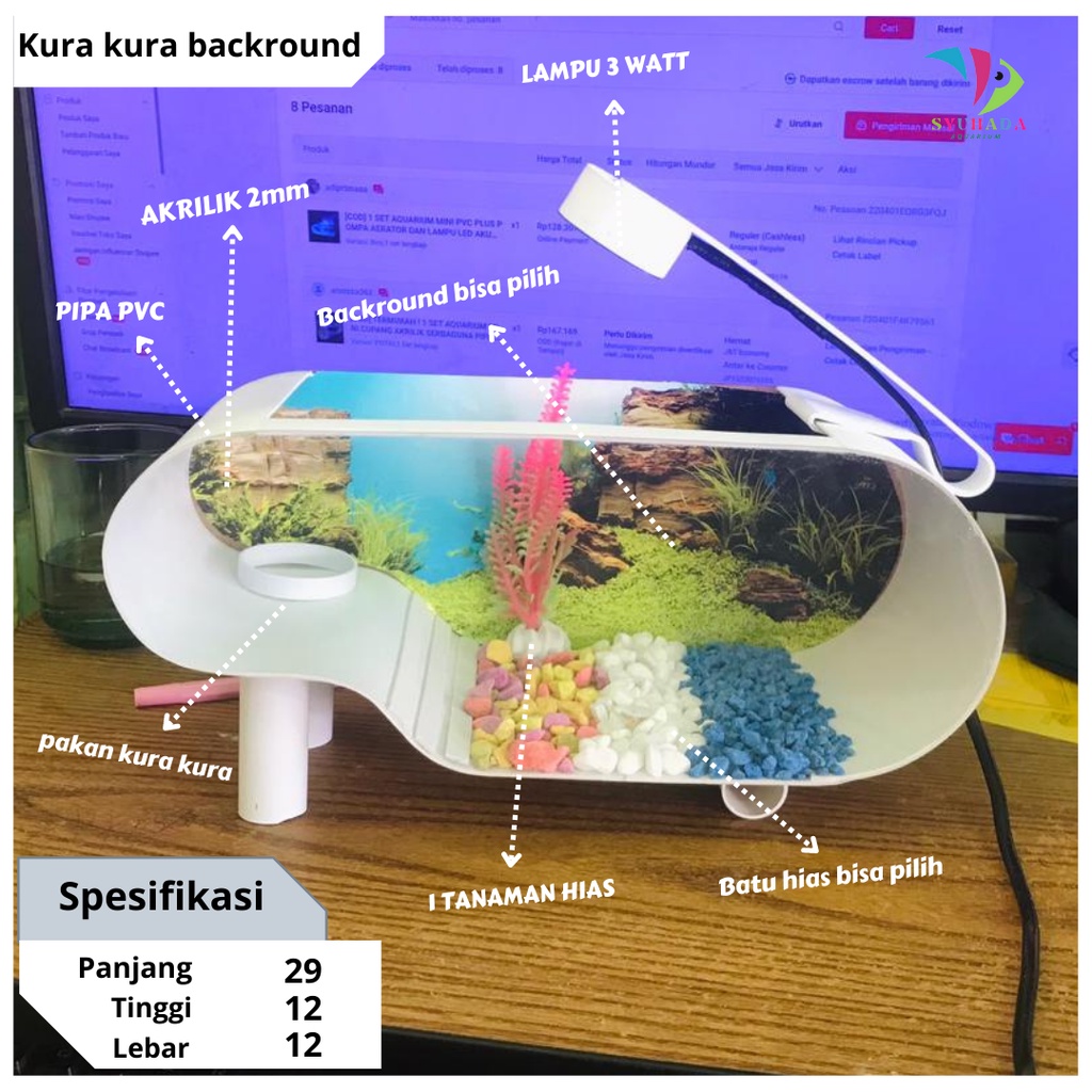 Jual 1 Set Aquarium Kura - Kura PVC Lengkap Hiasan Dan Lampu LED 3 Watt ...