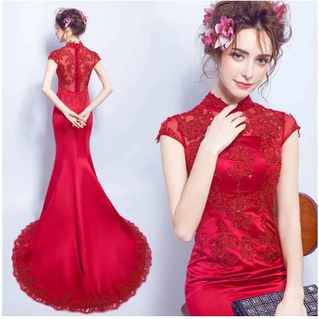 Jual Cheong sam Gaya Cina Bordir Tradisional Mermaid gaun pernikahan ...