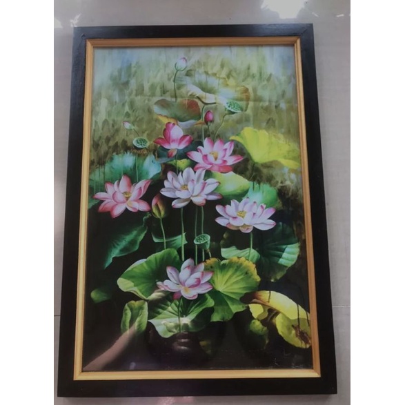 Jual Hiasan dinding cetak gambar lukisan bunga teratai plus bingkai ...