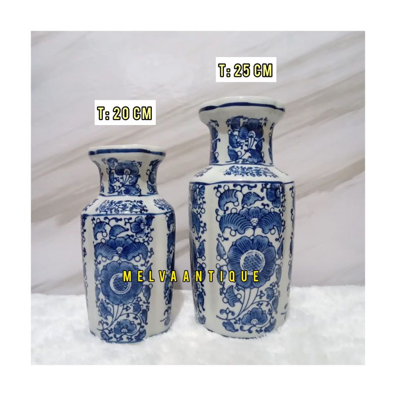Jual Vas Keramik Biru Putih Antik Motif Bunga 1 set Isi 2 Pcs | Shopee ...