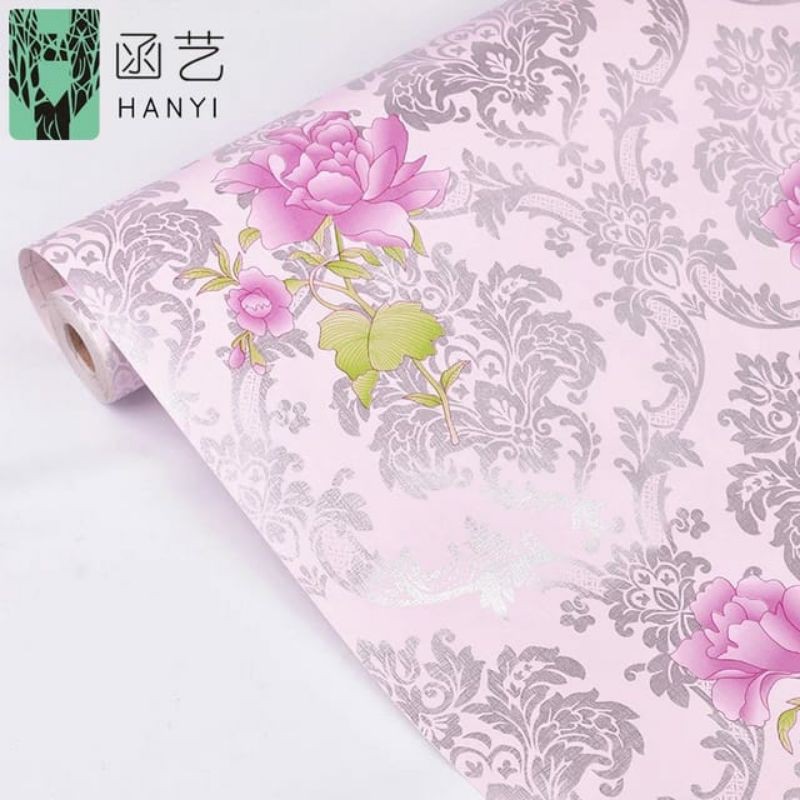 Jual WALLPAPER DINDING MOTIF BATIK SILVER BUNGA PINK 10m x 45cm ...