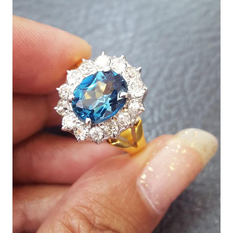 Jual Promo Cincin Berlian Banjar Dan Batu Blue Topaz Ikat Emas Kuning | Shopee Indonesia