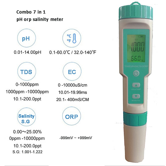 Jual Salinity TDS PH EC Temp ORP SG 7 in 1 Tester Water Meter Salt C600 ...