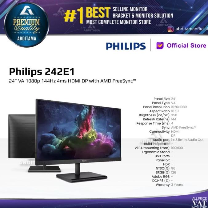 Jual Monitor LED PHILIPS 242E1 24" 1080P 144Hz 350cdm HDMI DP Freesync ...