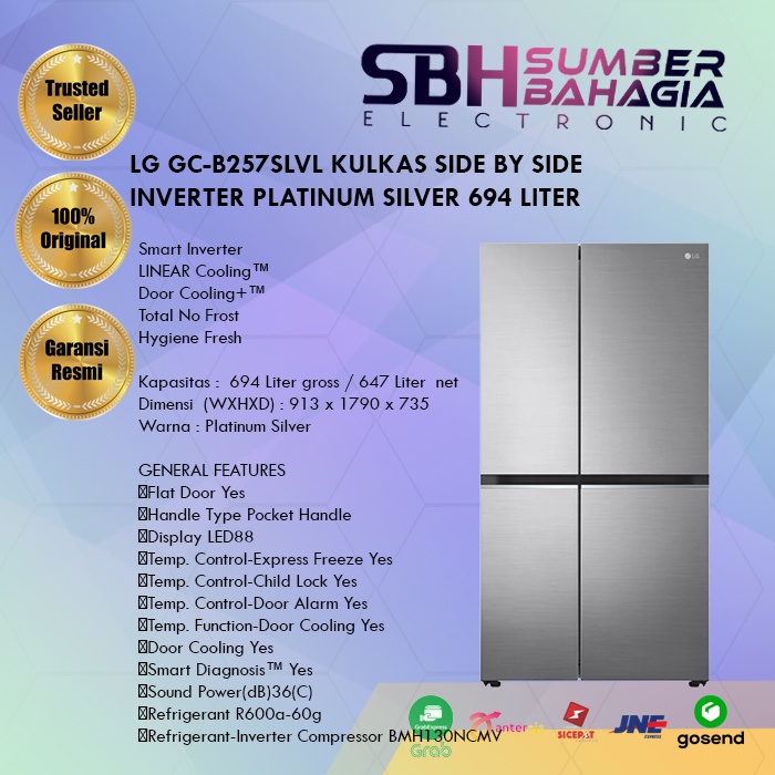 Jual LG GC-B257SLVL KULKAS SIDE BY SIDE INVERTER PLATINUM SILVER 694 LITER 913 x 1790 x 735 MM ...