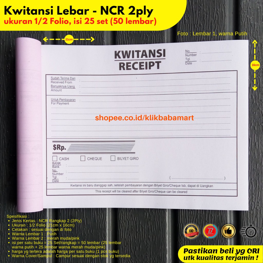 Jual KWITANSI KUITANSI BESAR LEBAR RECEIPT TANDA TERIMA 1/2 FOLIO 2 ...