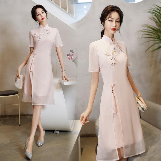 Jual Chiffon cheongsam modified dress women's 2022 new summer fat mm ...