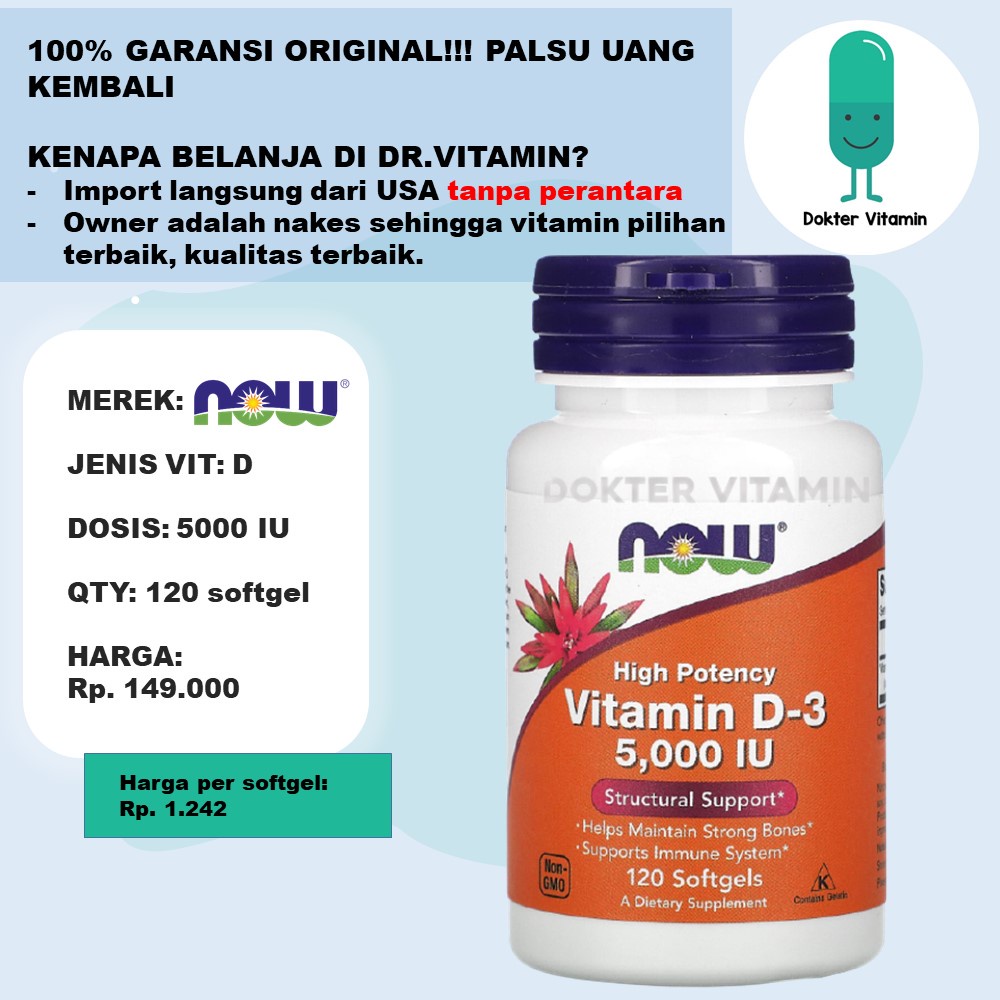Jual NOW FOODS VITAMIN D3 5000 IU 120 SOFTGEL VIT D 3 5000IU DOKTER ...