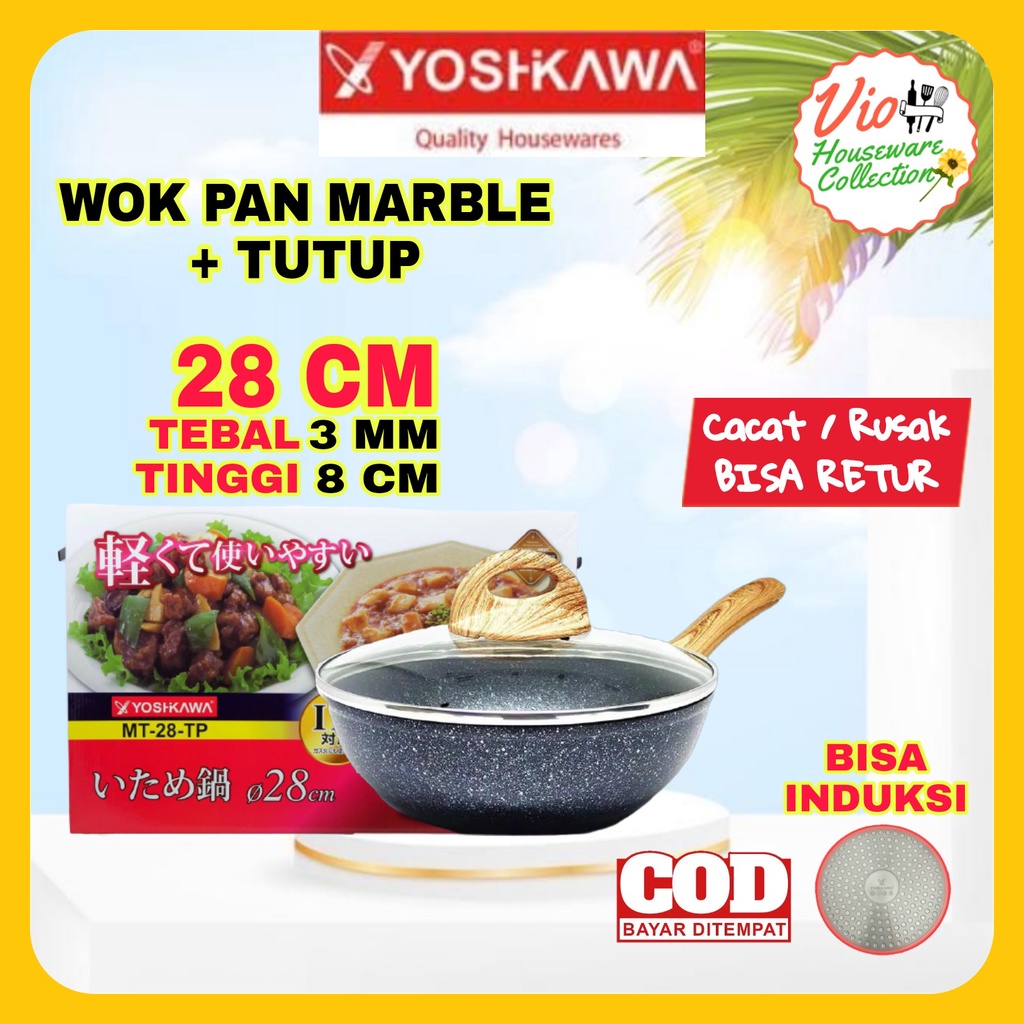 Jual Yoshikawa Teflon Keramik Anti Lengket Tutup Kaca 28cm (MT-28-TP) | Wok Pan Marble | Wajan ...