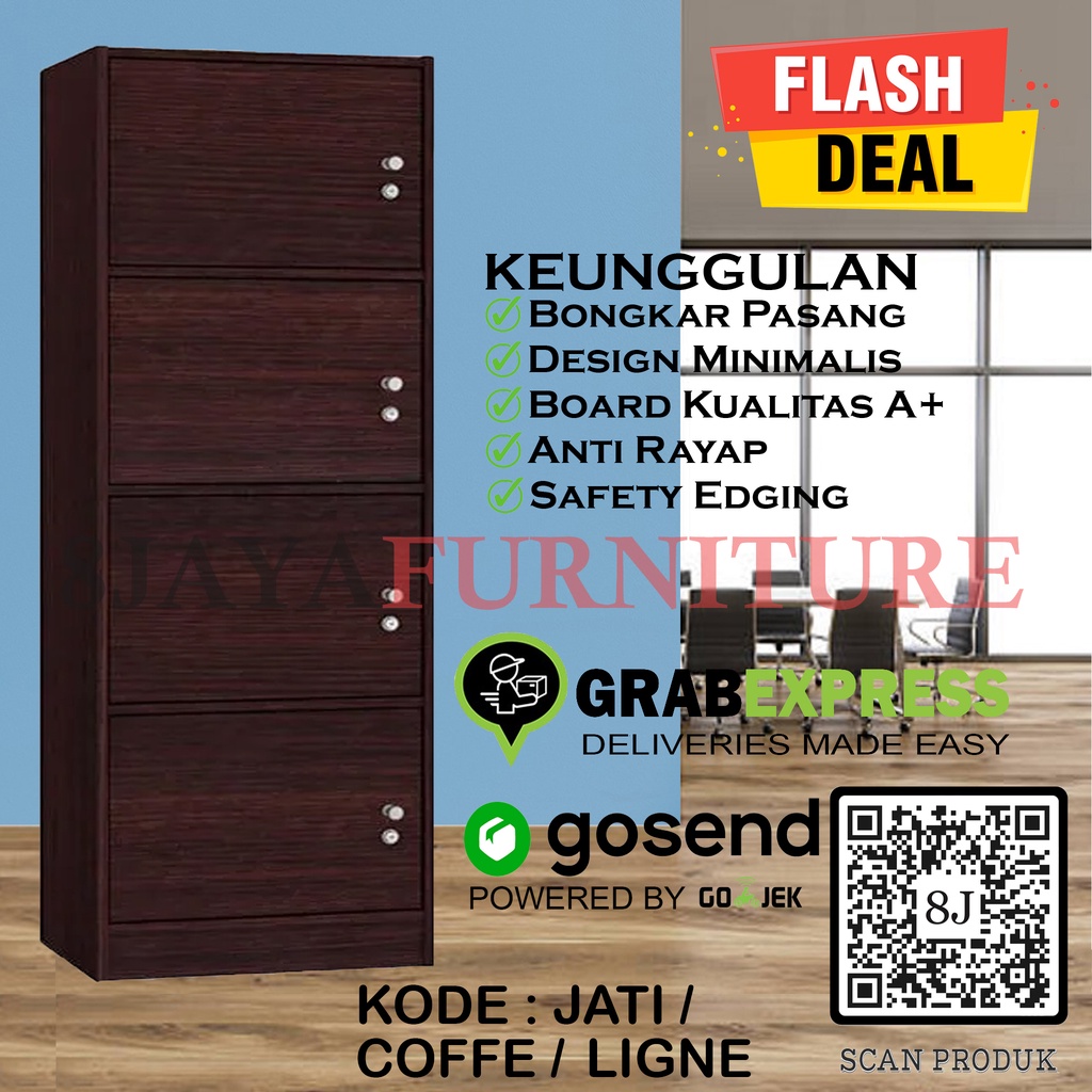 Jual Rak Lemari Buku Kayu Serbaguna 4 Pintu Kunci Full Multifungsi ...