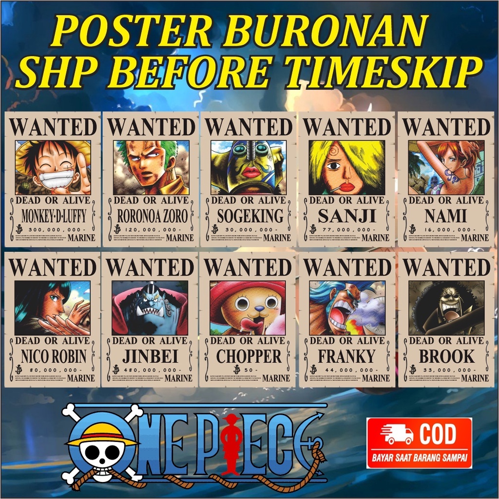 Jual Poster Buronan One piece A3+/ A4 FULL Kru SHP + Bonus ( ISI 10 ...