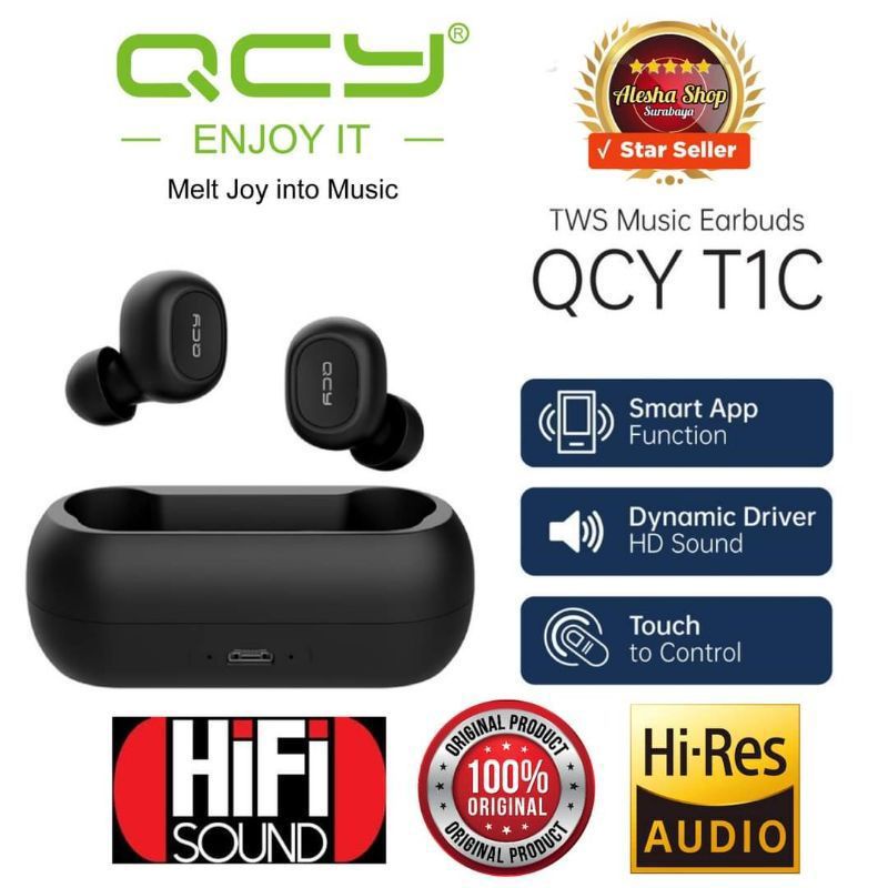 Jual QCY T1C Bluetooth 5.1 wireless earbuds with stereo bass sound with mic | Shopee Indonesia
