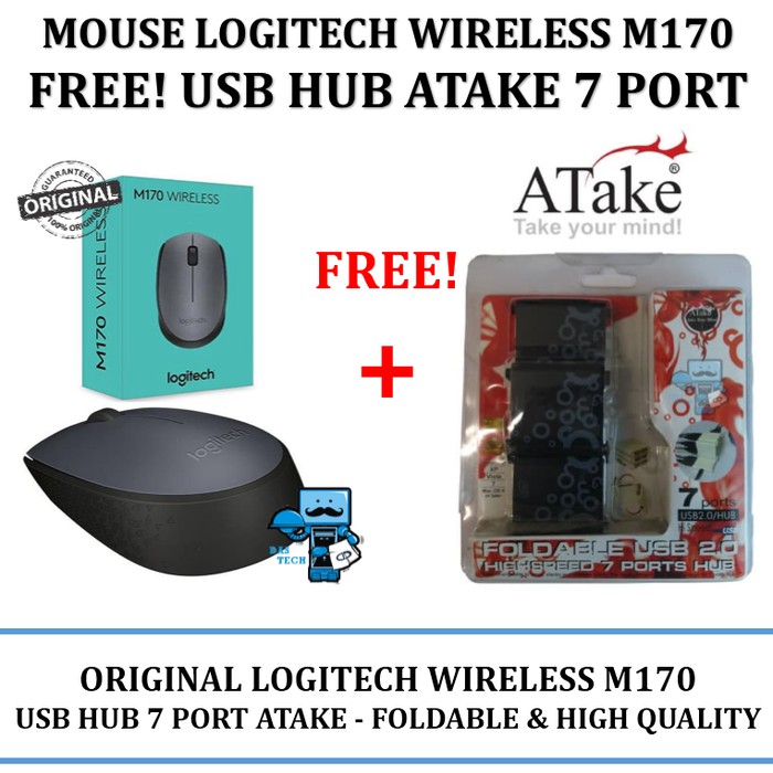 Jual Mouse Wireless Logitech M170 FREE USB HUB 7 Port Atake | Shopee ...