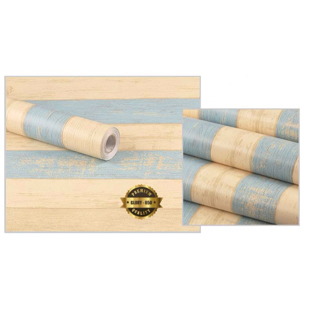 Jual Wallpaper Stiker Motif Garis Kayu Biru Dan Coklat Muda Ukuran 45cm