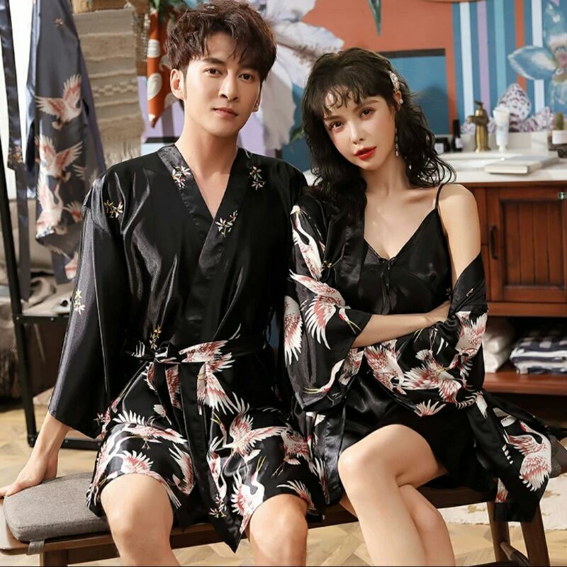 Jual PAJ-06 Piyama couple satin impor kimono couple satin hitam black ...