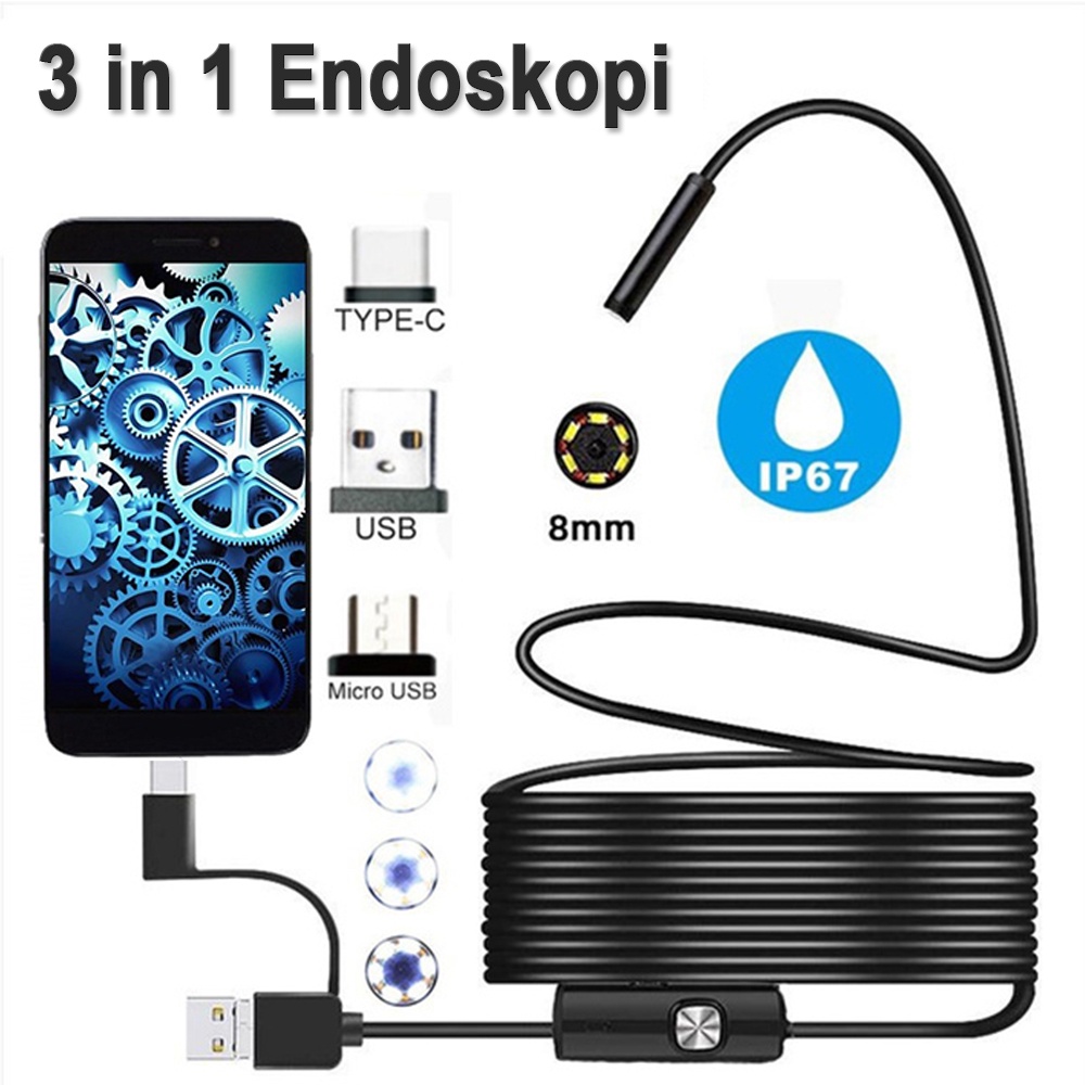 Jual Endoskopi 3in1 TYPE-C/Microusb/USB 8 Mm Len Pipa Inspeksi Kamera untuk Mobil Endoskopi IP67 ...