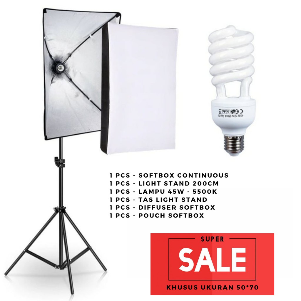 Jual Paket Softbox Continuous + Light Stand 2m + Lampu 45W 5500K khusus ...