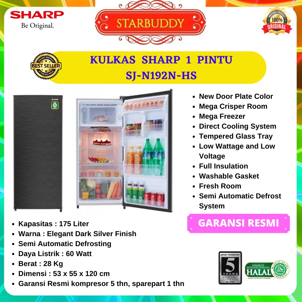 Jual KULKAS SHARP 1 PINTU SJ-N192N-HS SJ192HS SJN192NHS 175 LITER - JADETABEK | Shopee Indonesia