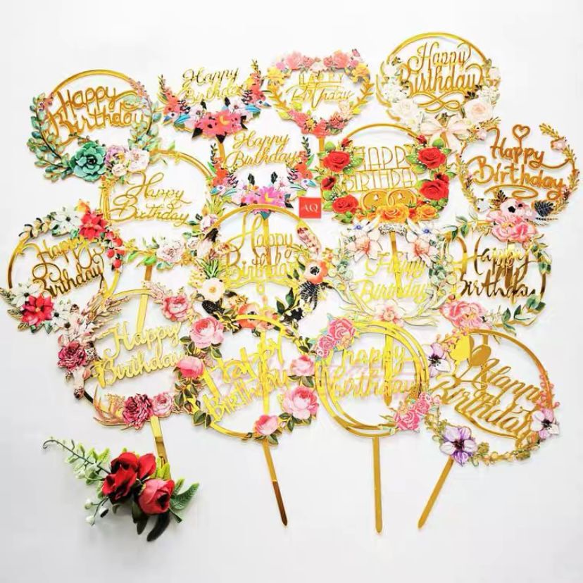 Jual Cake Topper Akrilik Happy Birthday Premium Motif Bunga (INSTAN ...