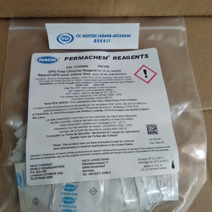 Jual HACH 2105569, DPD Free Chlorine Reagent Powder Pillows, 10 mL, pk ...
