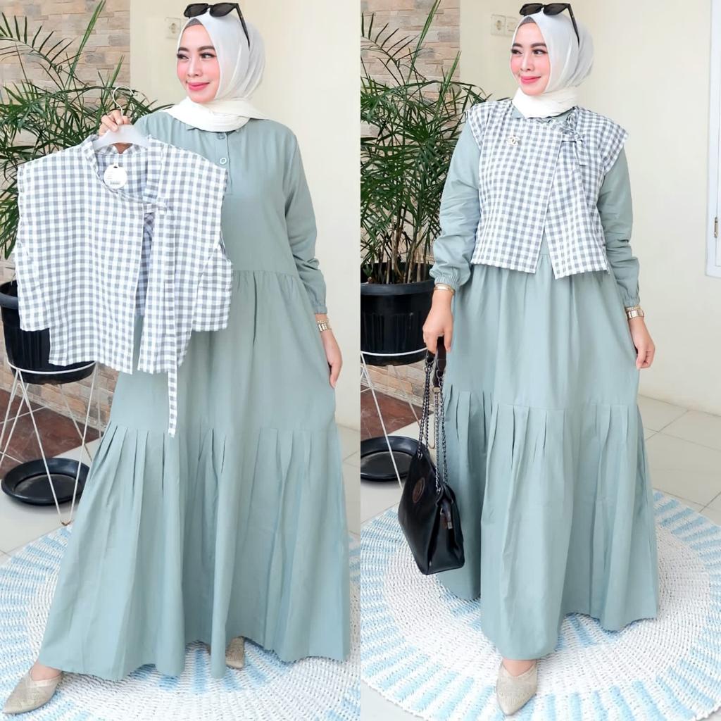 Jual QF. Gamis plust rompi motif kotak 888/ gamis lebaran / gamis rompi ...