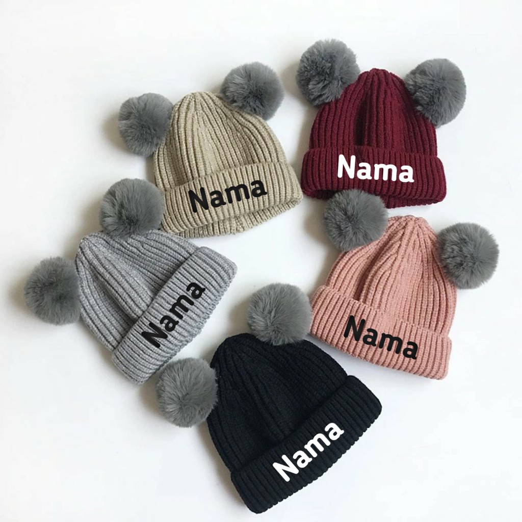 Jual Kupluk Bayi Pompom Jambul Dua Pria Wanita Bisa Bordir Nama Custom ...
