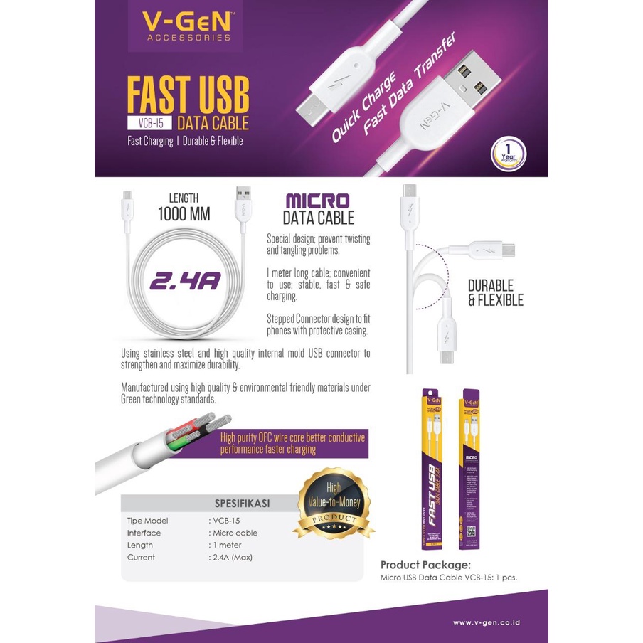 Jual KABEL DATA MICRO V-GEN VCB-15 FAST CHARGING 100CM | Shopee Indonesia