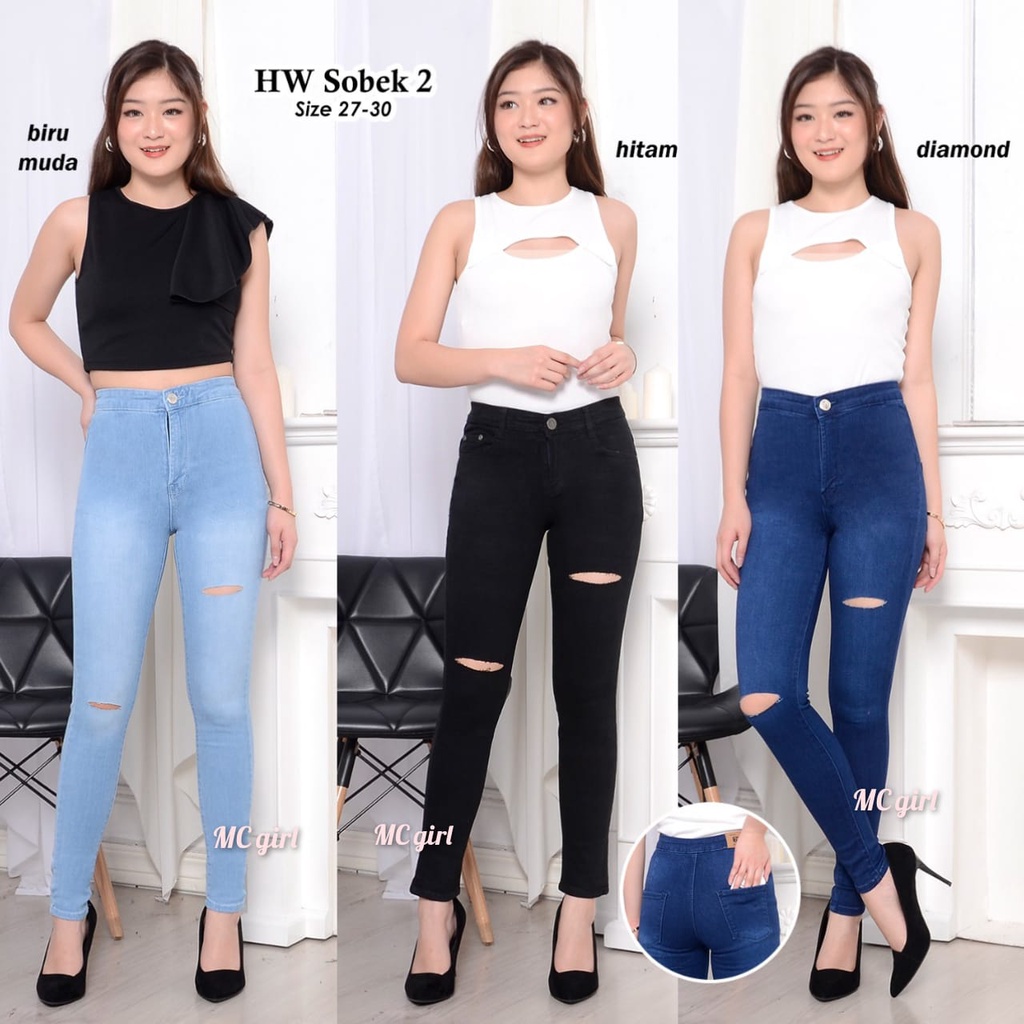 Jual ( Size 27 - 34 ) MC girl - High Waist Sobek Garis Dua / Highwaist ...