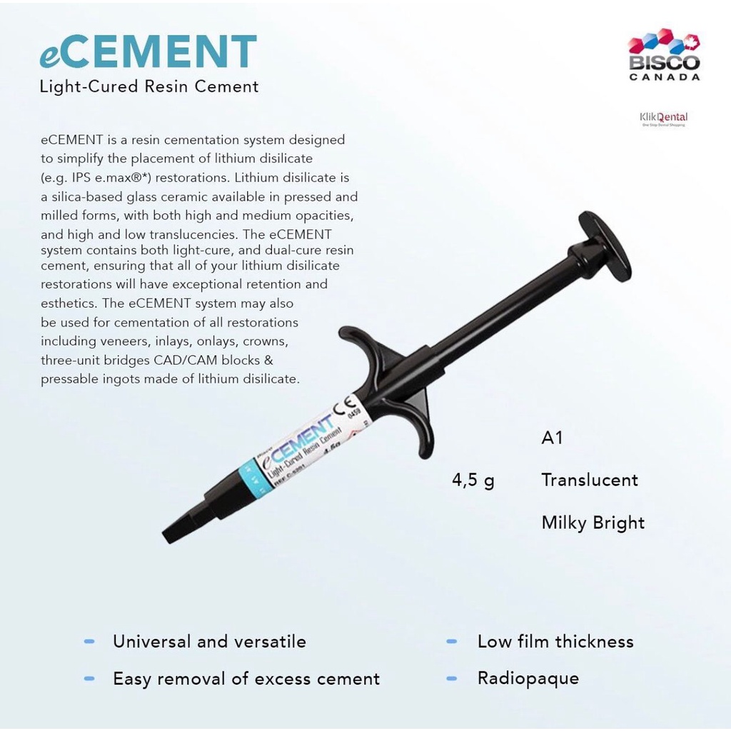 Jual KLIK DENTAL Bisco E-Cement Light Cured Resin Cement 4.5gr | Shopee ...