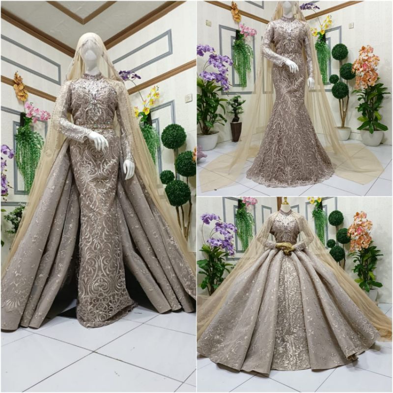Jual gaun pengantin model 3 in 1 sudah full mutiara tanpa payet warna ...