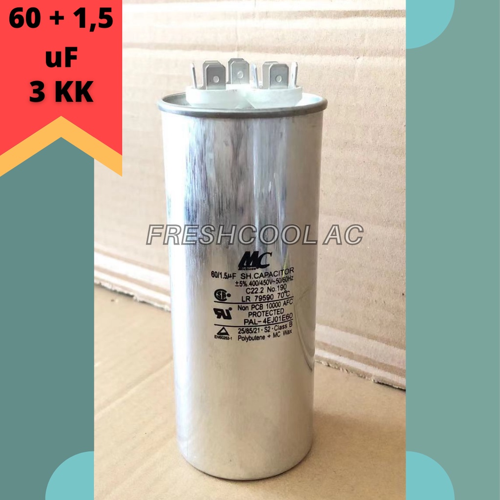 Jual KAPASITOR AC / CAPACITOR AC LG 3 KAKI MERK MC 60/1,5 uF (60/1,5 MIKRO) | Shopee Indonesia