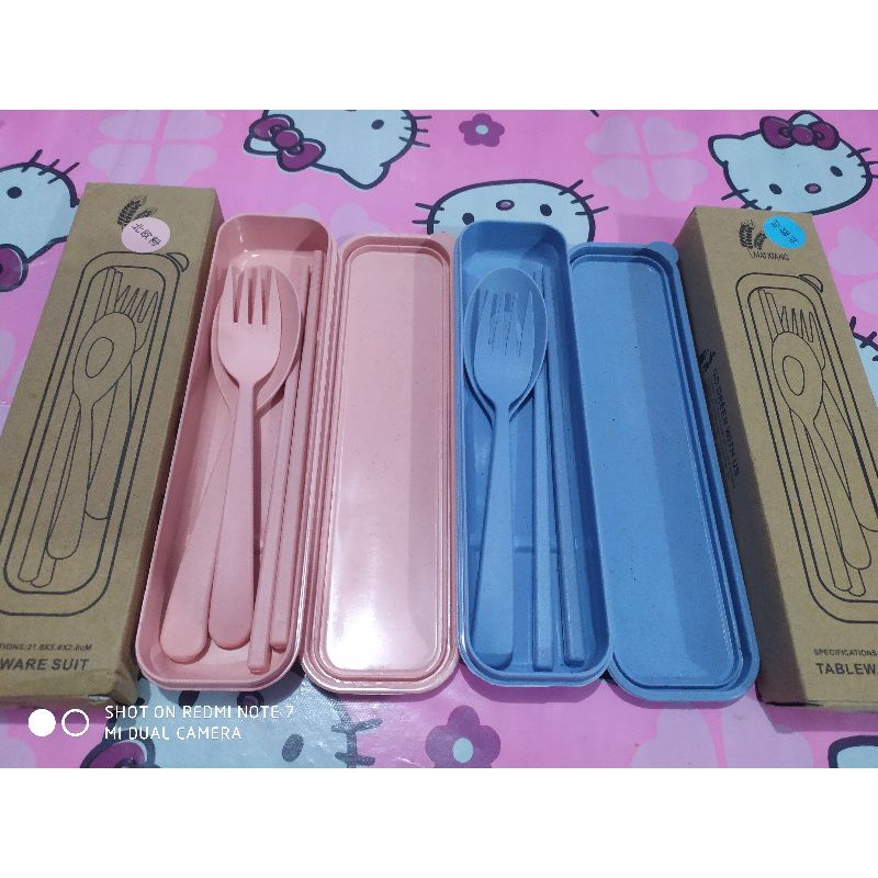 Jual alat makan jerami satu set (sendok,garpu,sumpit,box) | Shopee ...