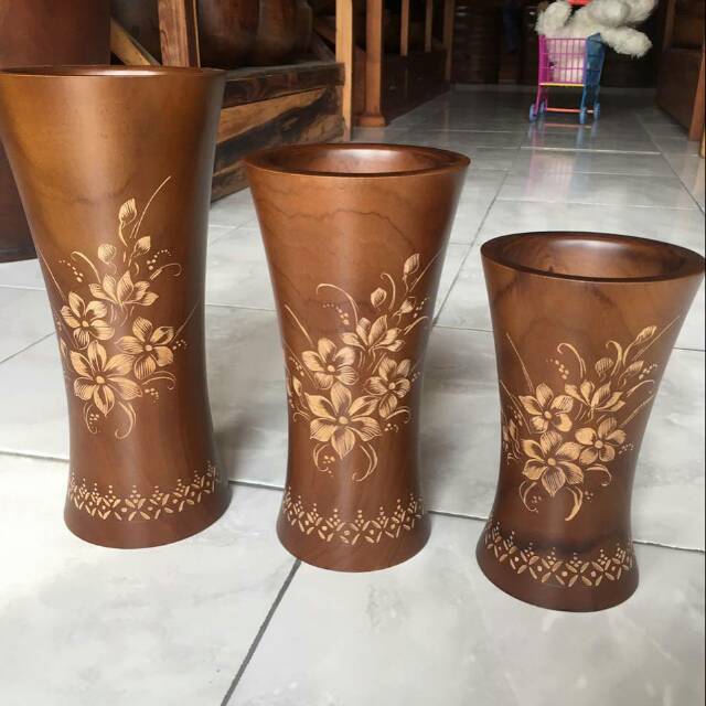 Jual Vas bunga kayu jati motif Cukit Bunga, set 3 pcs. | Shopee Indonesia