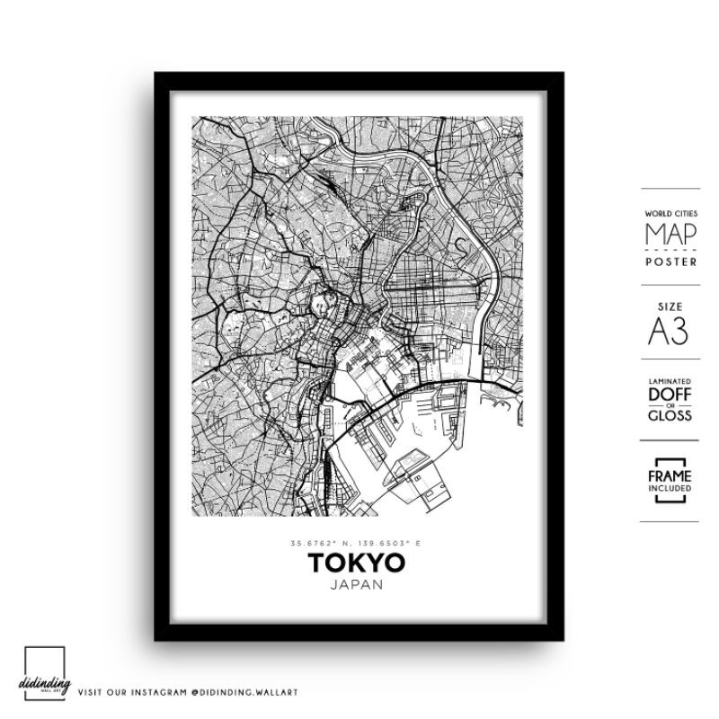Jual Tokyo City Map Art Poster Peta Jepang Frame A3 Wallart Minimalis ...