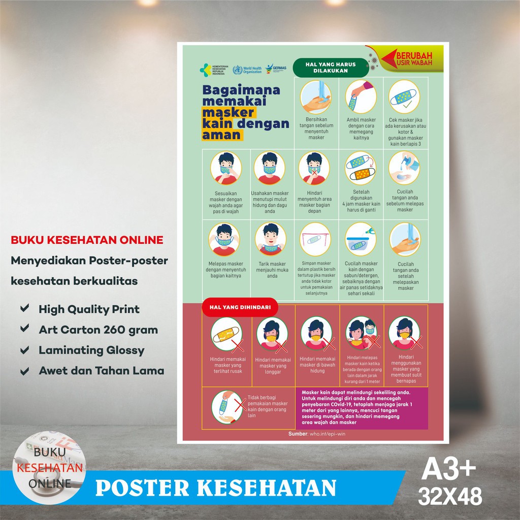 Jual Poster Kesehatan Bagaimana Memakai Masker Kain Dengan Aman ...