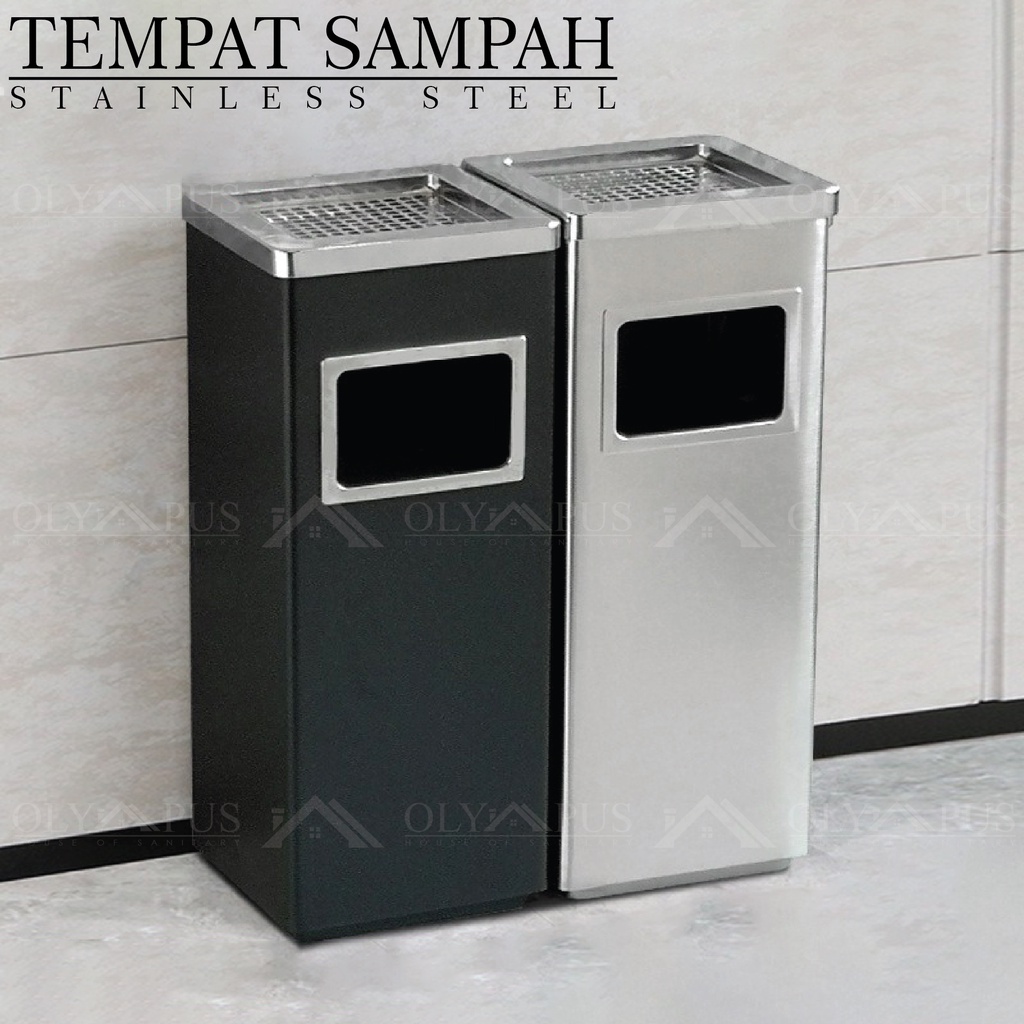 Jual Tempat Sampah Stainless Steel Kotak Dengan Asbak Hitam Silver | Shopee Indonesia