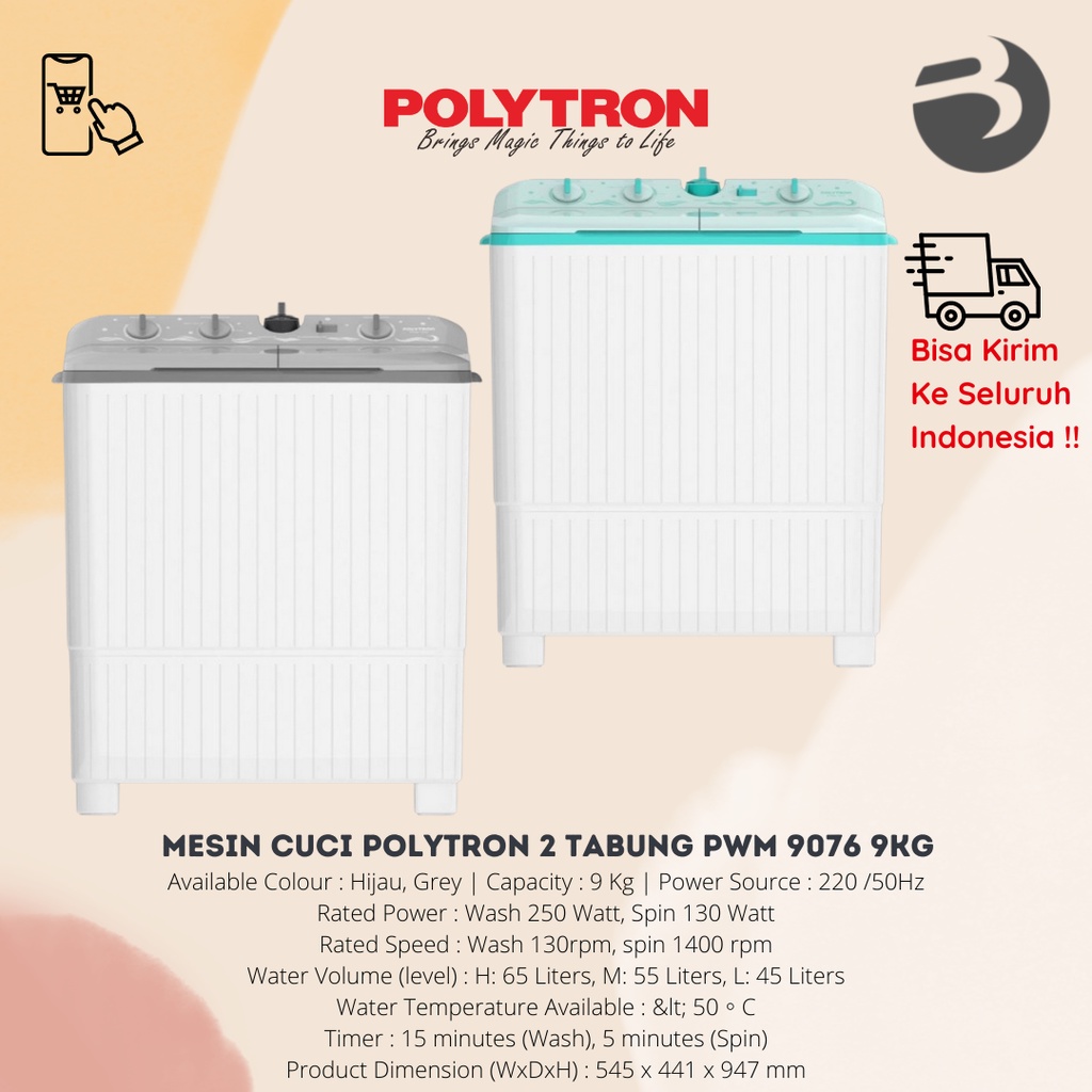Jual MESIN CUCI POLYTRON 2 TABUNG PWM 9076 9KG | Shopee Indonesia
