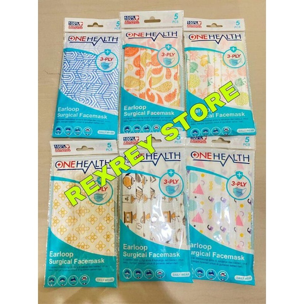 Jual MASKER MEDIS ONEHEALTH COLOUR LIVE MOTIF 3 PLY EARLOOP ISI 5PCS ...