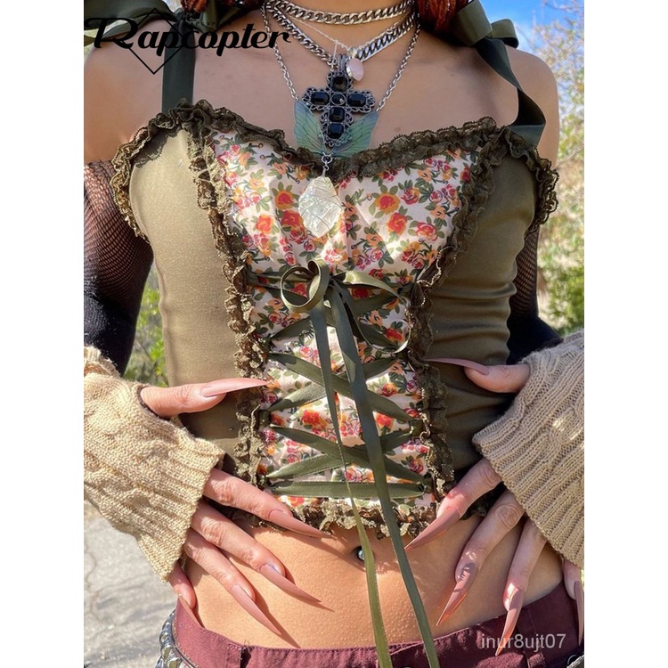 Jual Rapcopter Floral Trim Y2k Crop Top Lace Up Backless Cute Corset