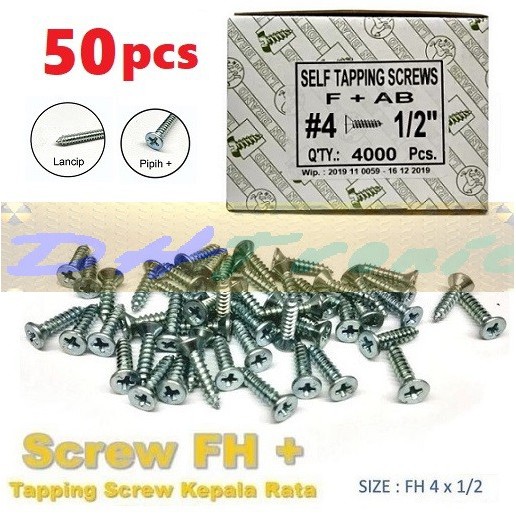 Jual Sekrup Box / kotak Plastik FH 4x1/2" Skrup FH Tapping Screw 4x1/2 Kepala Rata isi 50 pcs ...