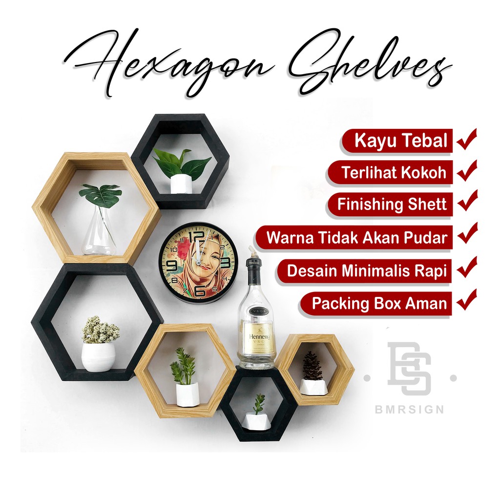 Jual Rak Dinding Hexagonal Minimalis Segi Enam 1 Set 3pcs Hiasan
