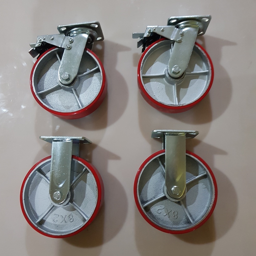 Jual Roda PU Heavy duty merah 8" 2 putar rem 2mati | Shopee Indonesia