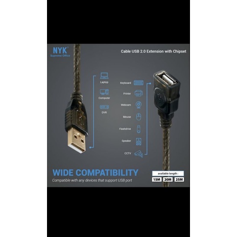 Jual KABEL USB MALE - FEMALE 15 METER. 2.0 NYK | Shopee Indonesia