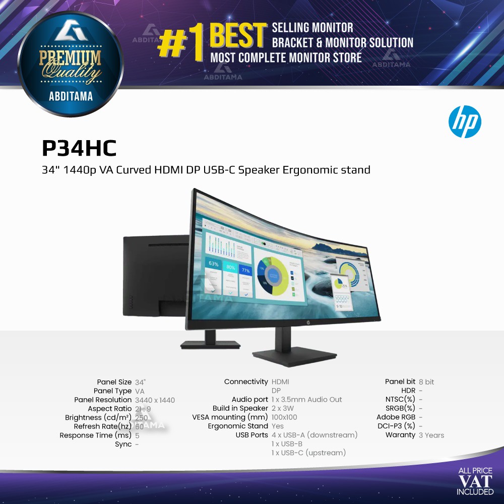 Jual Monitor LED HP P34HC G4 34" 1440p VA Curved HDMI DP USB-C Speaker ...