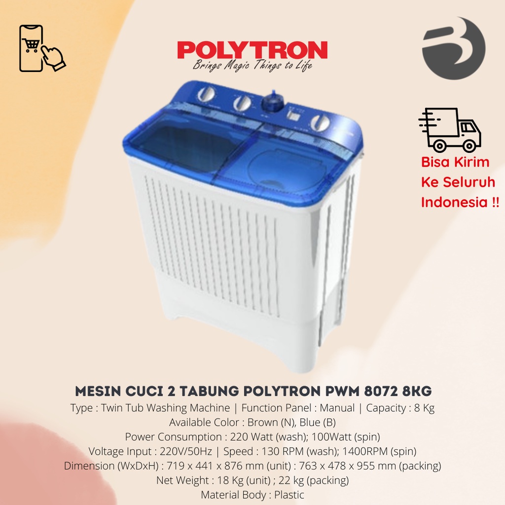 Jual MESIN CUCI 2 TABUNG POLYTRON PWM 8072 8KG | Shopee Indonesia