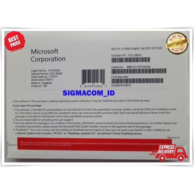 Jual Window 10 Pro Oem Full Package 1Pk Dsp Oei Dvd Garansi Lifetime ...