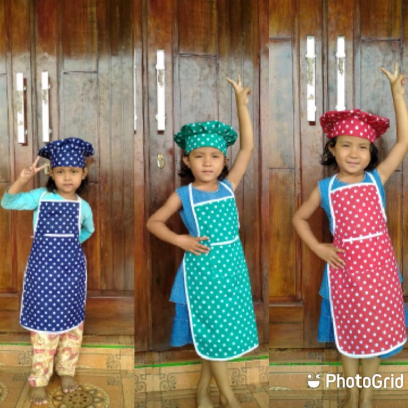 Jual celemek apron anak polkadot plus topi koki chef bahan polikatun ...