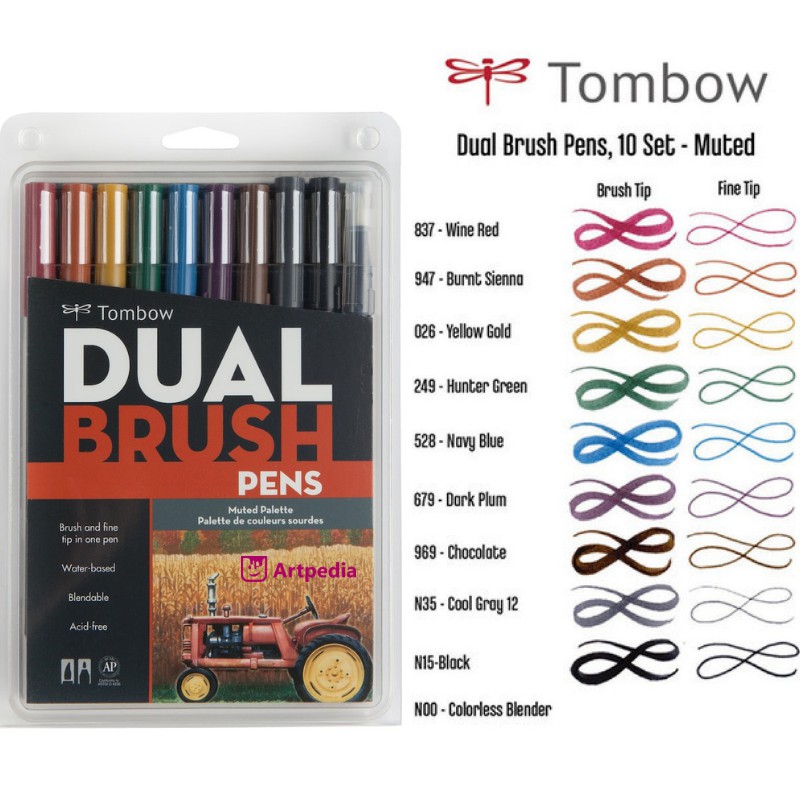 Jual Tombow Dual Brush Pen Set with Blender - Muted Palette (Pack of 10) Tombow ABT Brush Pen ...