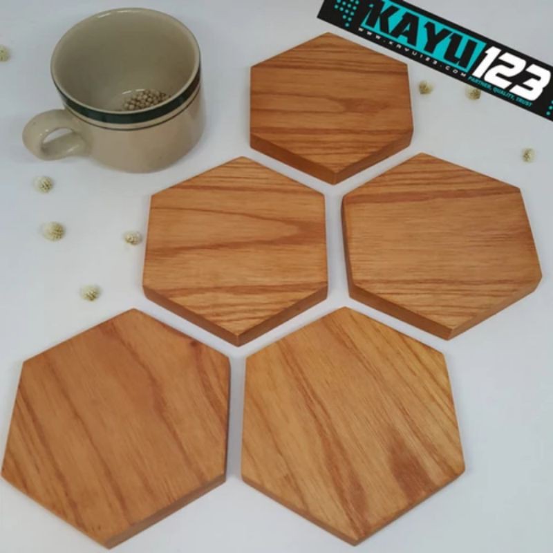 Jual Tatakan Kayu Segienam Tahan Panas & anti Air 10 cm Wooden Coaster ...