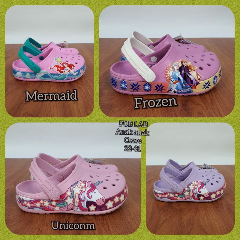 Jual crocs anak cwe FAN LAB mermaid/frozen/unicorn ungu dan pink 24-31 ...